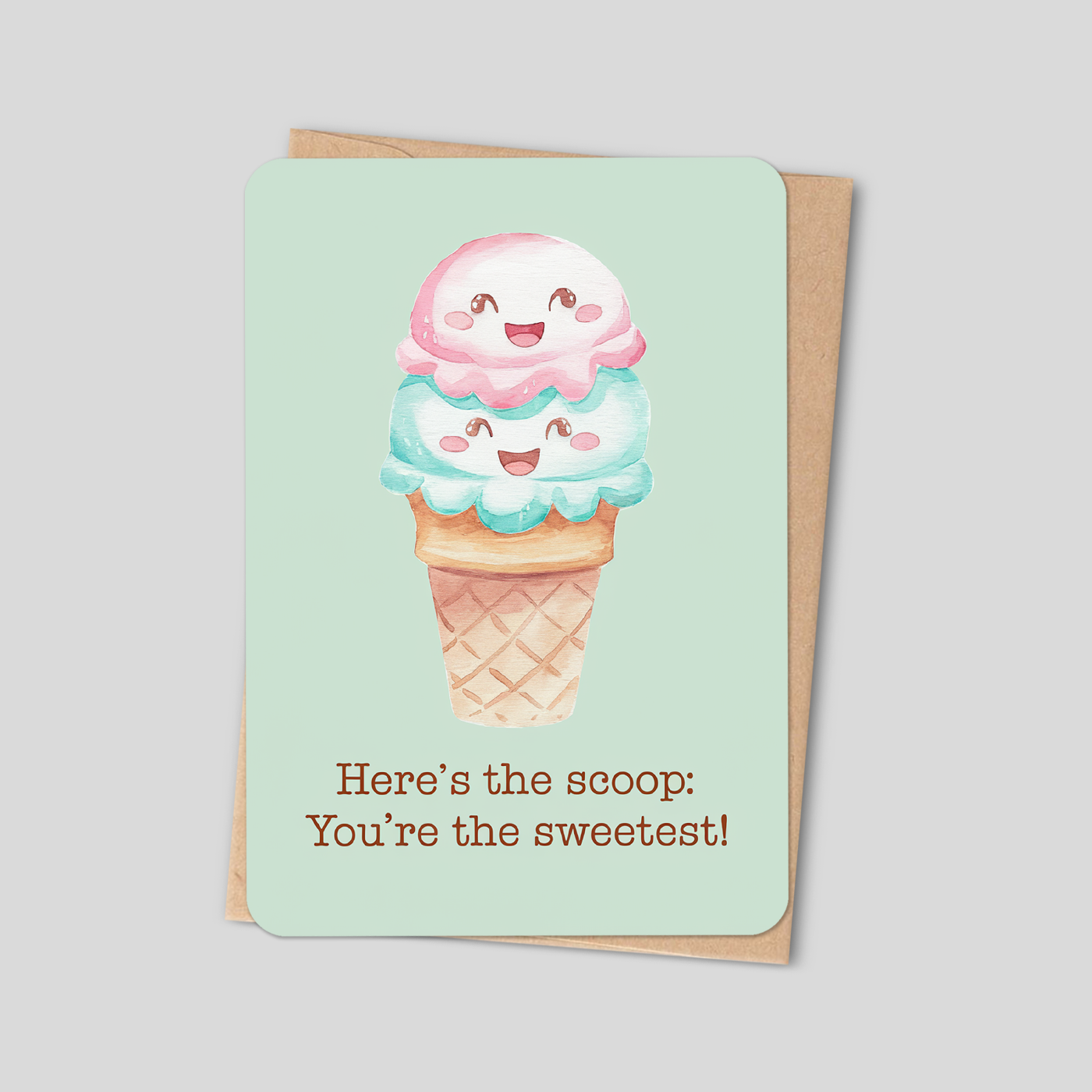 Ice Cream Greeting Card – Cute Kawaii, Sweet, Blank Inside